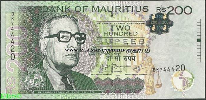 Ebanknoteshop. Mauritius,P61,B427a,200 Rupees,2010