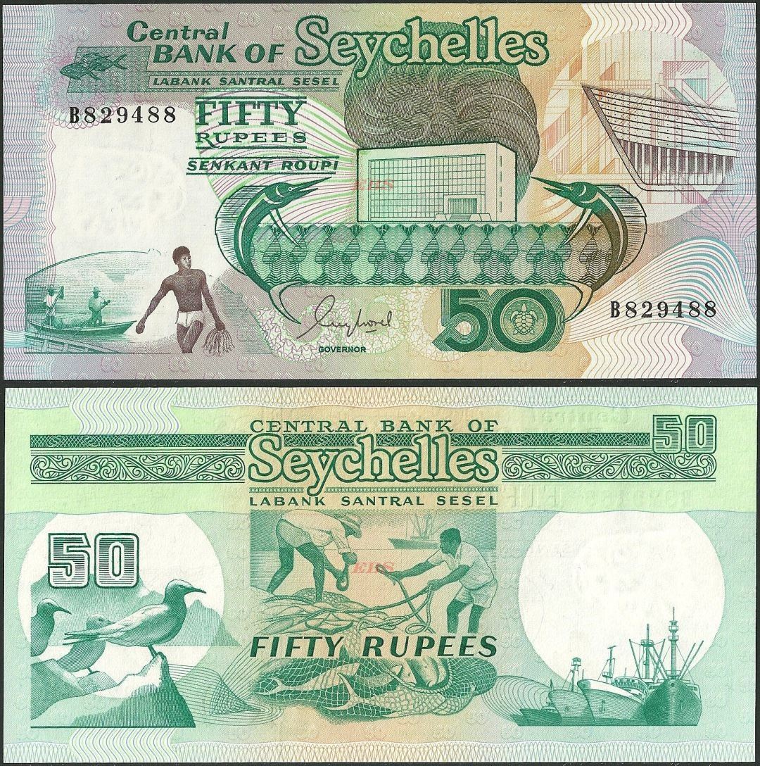 Ebanknoteshop. Seychelles,P34,B407a,50 Rupees,1989,B prefix